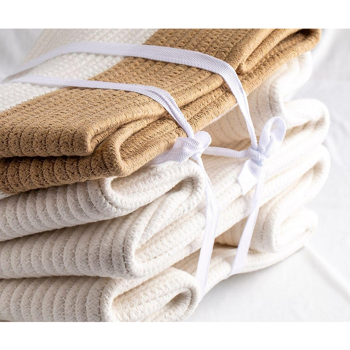 PJGOODS- 3-Pack Cotton Woven Storage Basket with Handles, Great for Organizing Laundry, Blankets, Dog Toys, Baby Toys, Perfect for the Kitchen, Bathroom, Bedroom, Living Room,15x10x9, Beige/White