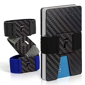 Fidelo Minimalist Wallet For Men - Slim RFID Blocking Mens Wallets Credit Card Holder. 3K Carbon Fiber. Compact Wallet Comes With 4 Cash Bands (Black, Dark Grey, Light Grey & Blue) - Prestige