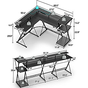SEVEN WARRIOR L Shaped Gaming Desk with LED Lights & Power Outlets, 50” Reversible Computer Desk with Storage Shelf & Monitor Stand, Corner Desk with Cup Holder, with Headphone Hook, Black