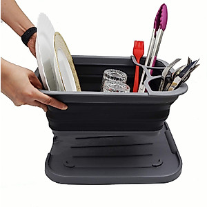 SAMMART Collapsible Dish Drainer with Tray - Foldable Drying Rack Set - Portable Dinnerware Organizer - Space Saving Kitchen Storage Tray (1, Grey/Black)