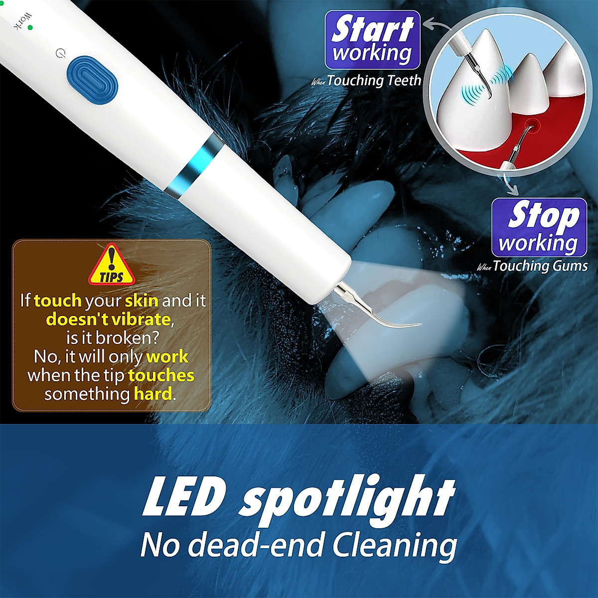 Dog Teeth Cleaning Kit, Plaque Remover for Teeth, Plaque and Tartar Remover, Rechargeable Ultrasonic Dental Scaler Tools with LED for Dog and Cat (White)