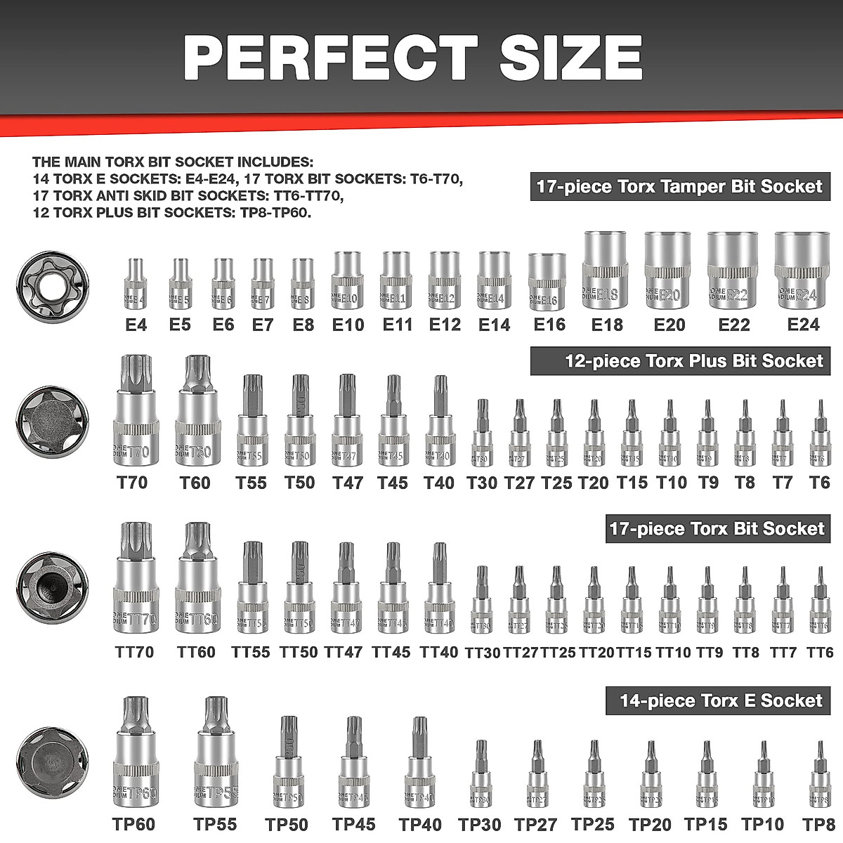 EACELIY 60pcs Torx Bit Socket Set, Hex Star Sockets, S2 and CR-V Steel, Includes Torx E socket (E4-E24), Torx Bit Socket (T6-T70), Torx Tamper Bit Socket (TT6-TT70), Torx Plus Bit Socket (TP8-TP60)