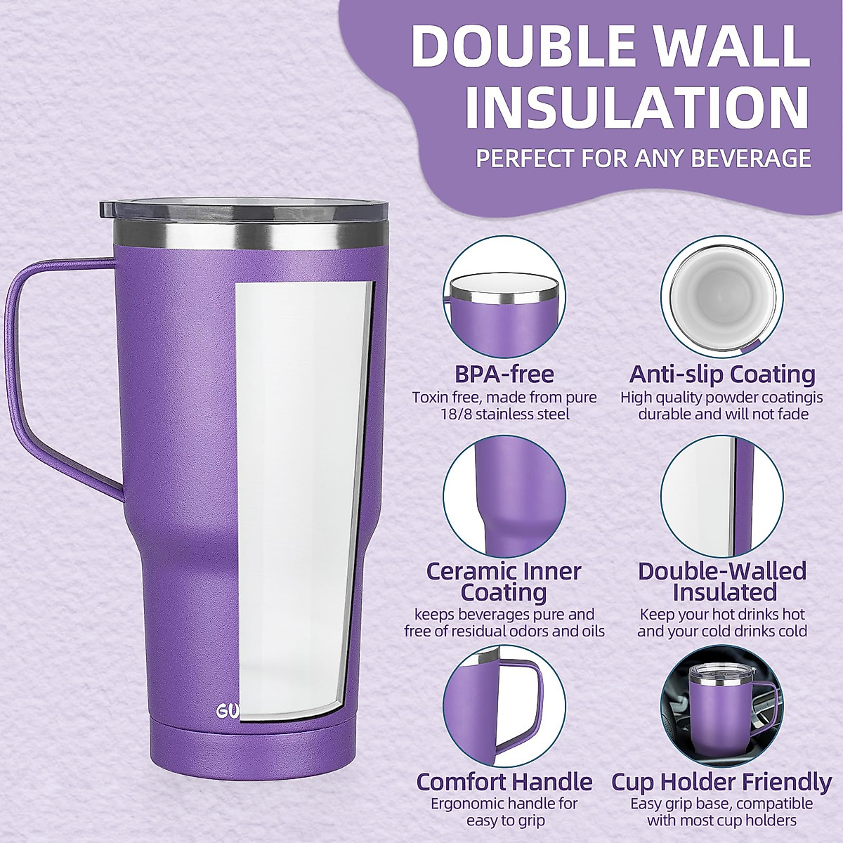 20 oz Insulated Coffee Mug with Ceramic Coating, Stainless Steel Travel Mug Tumbler with Handle Lid and Straw, Double Wall Leak-Proof Thermos Coffee Travel Mug Keeps Drink Hot and Cold (Purple)