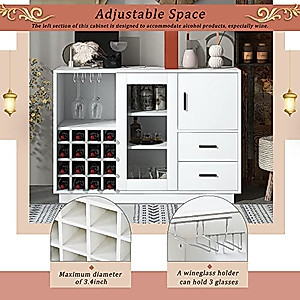 P PURLOVE 47 Inch Sideboard Buffet Server Storage Cabinet with Glass Sliding Door and Integrated 16 Bar Wine Compartment, Wineglass Holders for Kitchen Dining Room Furniture