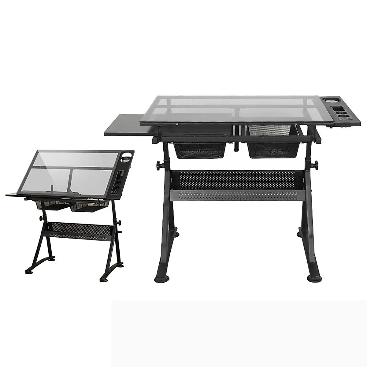 VejiA Drafting Table with Storage, Height Adjustable Tiltable Art Desk, Glass Panel Drawing Desk, for Work Study Painting Craft Table
