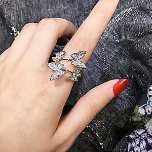 YERTTER Dainty Iced Out Butterfly Ring Layered Rhinestone Butterfly Ring Tail Ring Finger Ring Open Chic Ring for Women (Silver)