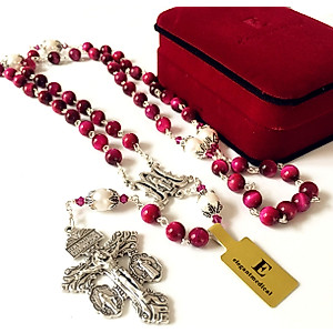 elegantmedical Handmade Red Tiger Eye Beads Sterling Silver 10mm Real Pearl Rosary Cross Necklace Catholic Gift