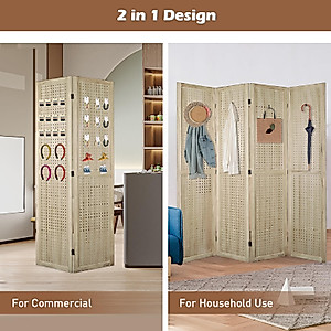 ECOMEX 4 Panel Room Divider, 5.6Ft Pegboard Display Wooden Room Divider Folding Privacy Screen Room Divider Freestanding Peg Board Display for Trade Show Craft Show Home Wall Organizer, Natural Wood