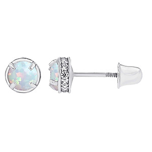 Solid 14K White Gold 4mm Created Opal October Birthstone Screwback Stud Earrings For Women | 5mm Basket Earrings | 1mm Created White Sapphire Screwback Earrings For Women