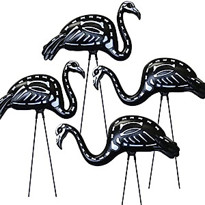 GiftExpress 4 PCS Halloween Black Flamingo Skeleton, Zombie Flamingos, Skull Flamingo with Stakes for Halloween Lawn Ornaments, Spooky Graveyard Decorations (4)
