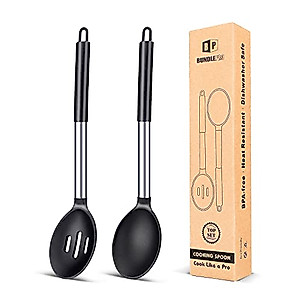 Pack of 2 Large Silicone Cooking Spoons,Non Stick Solid Basting Spoon,Heat-Resistant Kitchen Utensils for Mixing,Serving,Draining,Stirring (BLACK)