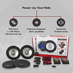 Rockville RVL6KIT 6.5" Component Car Speakers, 800W Peak/200W RMS, 4 Ohm, Aluminum Cone, 1" Silk Dome Tweeters, Perfect for High-Fidelity Car Audio