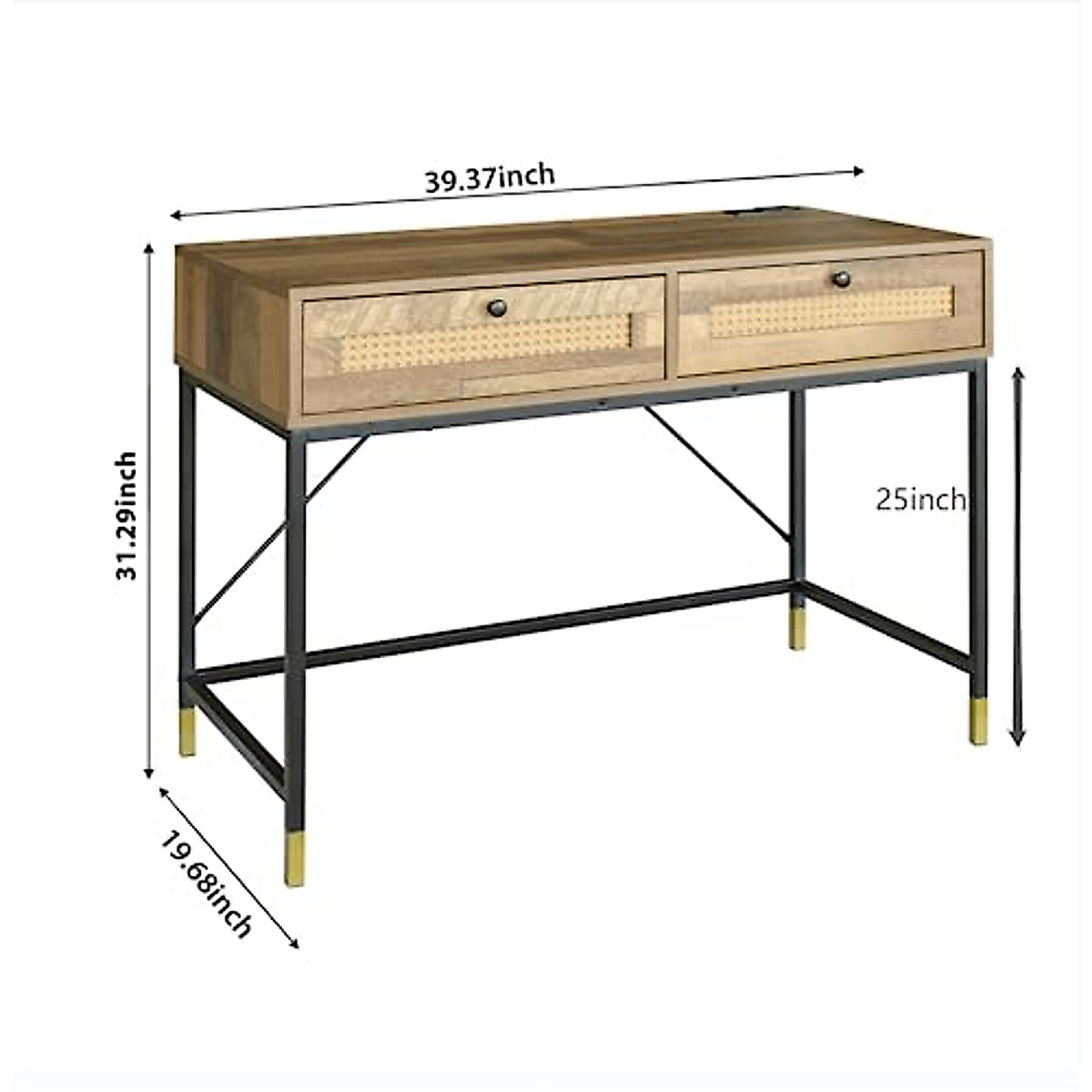 GIA Home Furniture Series Mid Century Writing Rattan Crafted Drawers,Wood Computer Desk Installed with USB Ports and Power Outlet,Salmon Oak Finishing, Black Metal Leg