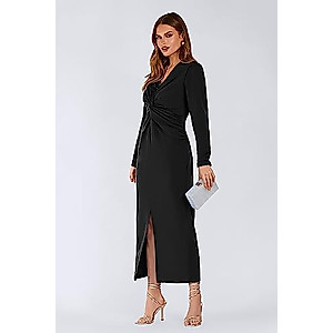 PRETTYGARDEN Women's Fall Fashion 2023 Long Puff Sleeve Maxi Dresses V Neck Twist Front Formal Dress with Slit (Black,Medium)