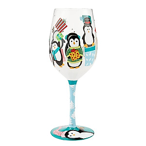 Enesco Designs by Lolita Holiday Penguins and Presents Hand-Painted Artisan Wine Glass, 15 Ounce, Multicolor