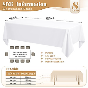 8 Pack White Tablecloth 60 x102 Inch Polyester Table Cloth for 6 Foot Rectangle Tables - 6ft Rectangular Bulk Polyester Fabric Washable Long Table Clothes for Wedding Party Buffet Restaurant Banquet