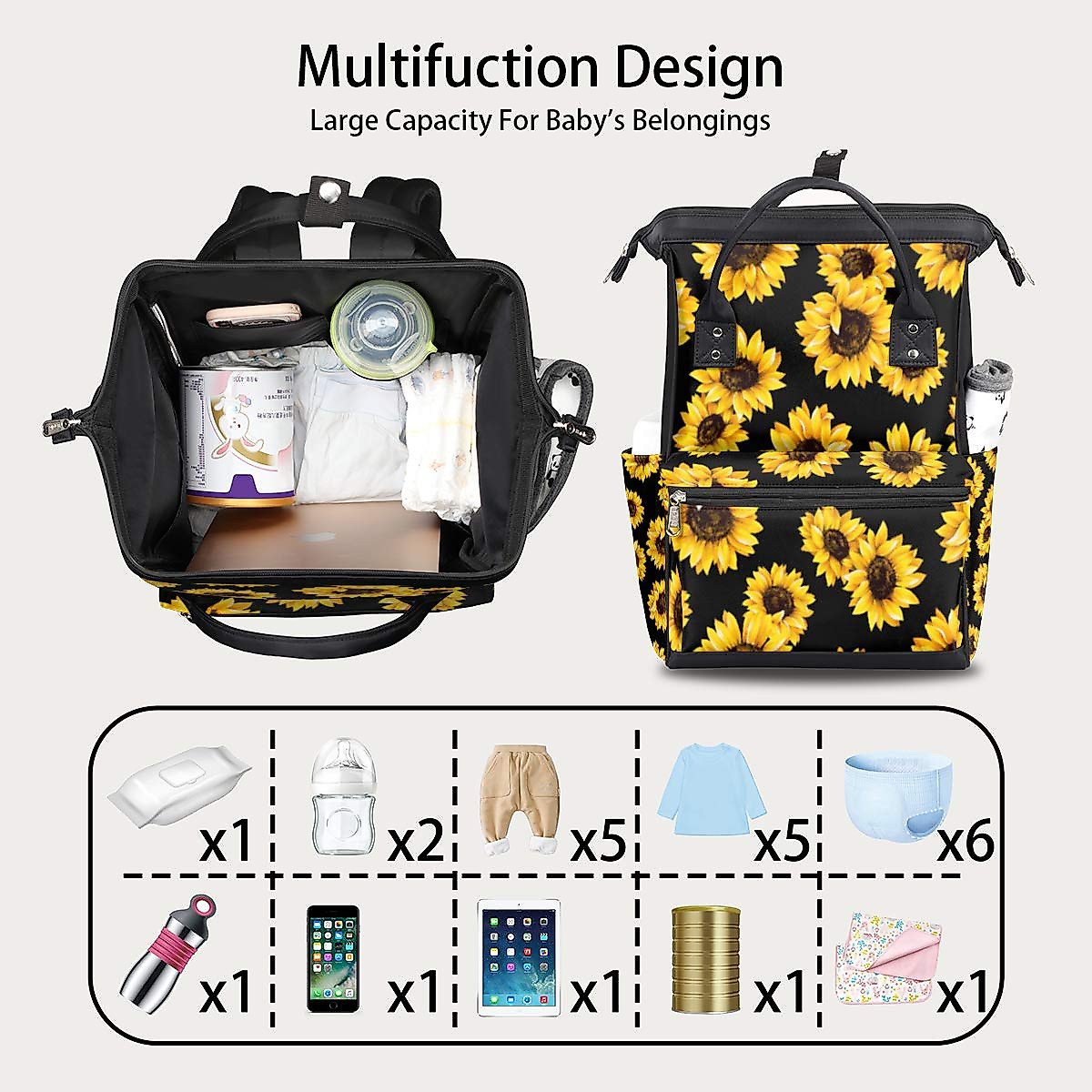 TropicalLife Sunflower Art Painting Diaper Backpack Large Capacity Baby Bags Multi-Function Zipper Casual Travel Backpacks for Mom Dad Unisex