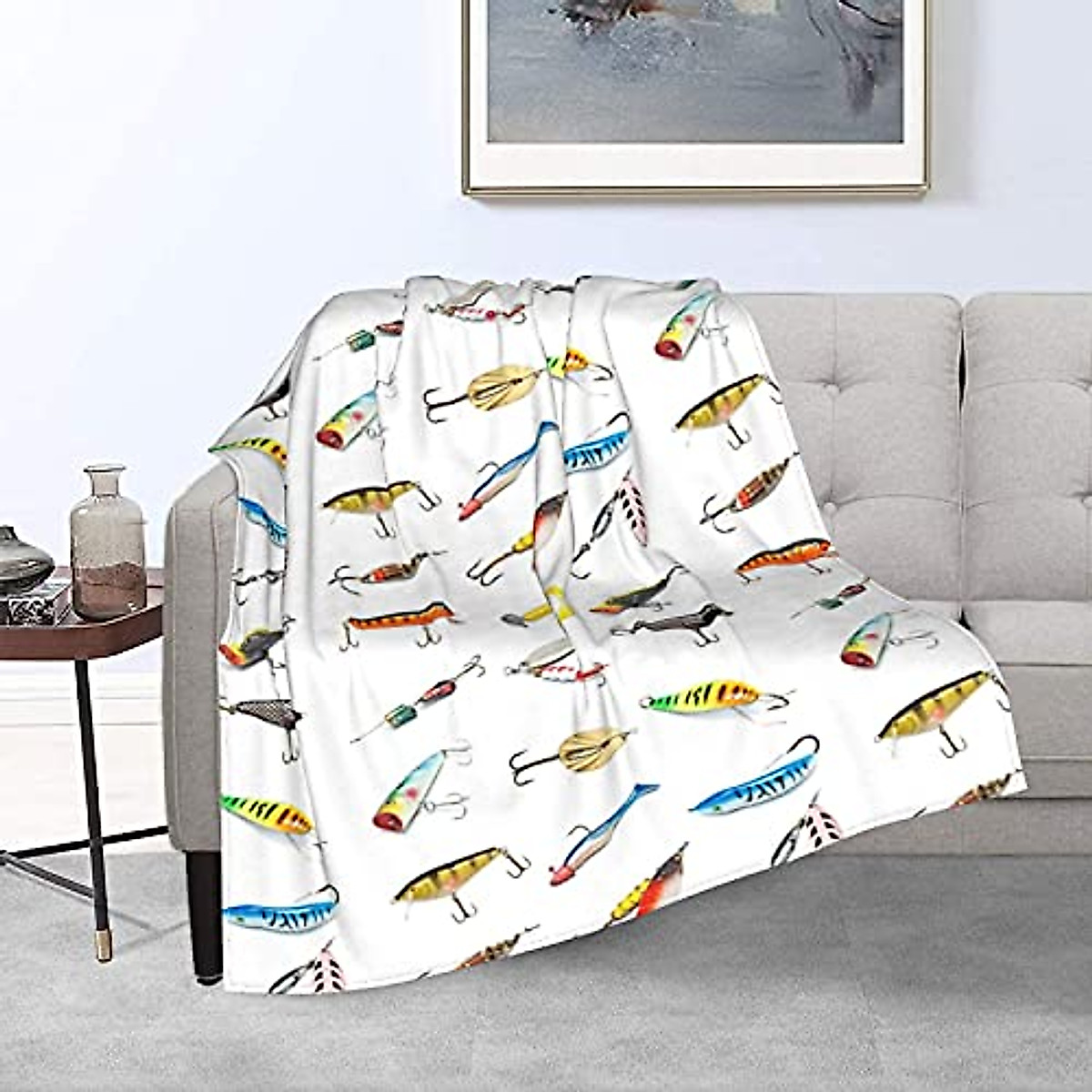 Fishing Bait Flannel Blanket Different Bash Fish Hooks Fishing Lures Hobby Pastime Hooks Throw Blankets for Kids Adults, Super Soft Lightweight Fluffy Sofa Office Fleece Plush Blanket 50"x40"