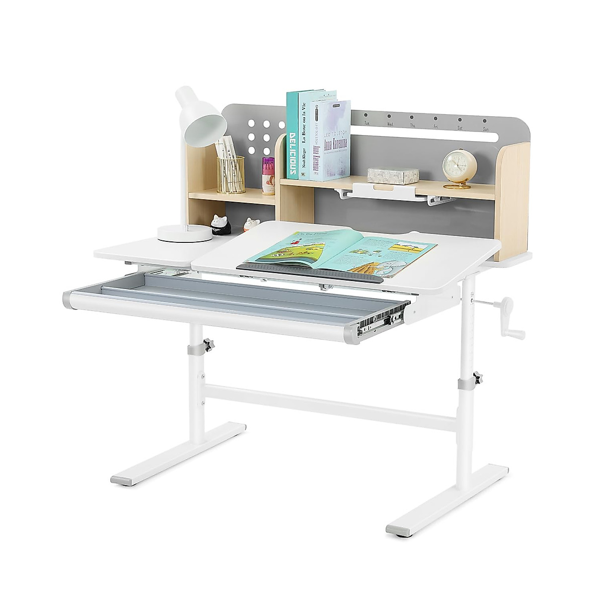COSVALVE 39in Wide Adjustable Height Kids Desk with Tilting Desktop, Steel Frame, Drawer, and Bookshelf Hutch, Study Child Table for Ages 3-12, Grey
