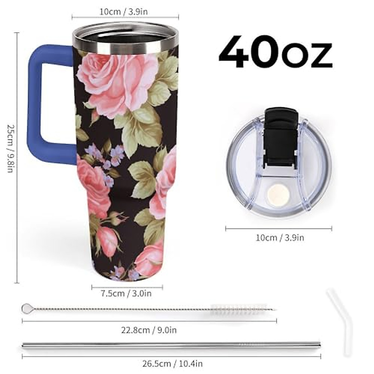LLUTSNTH 40 Oz Vacuum Tumbler with Deep Blue Handle Leakproof Insulated Tumbler Pink Rose Stainless Steel Travel Mug with Lid And Straw Coffee Cup Cute Water Bottles Cup Holder Friendly