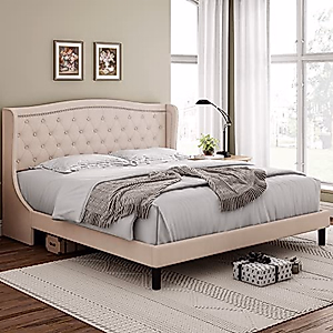 HOSTACK King Size Bed Frame, Modern Upholstered Platform Bed with Wingback Headboard, Heavy Duty Button Tufted Bed Frame with Wood Slat Support, Easy Assembly, No Box Spring Needed(Beige, King)