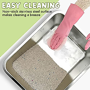 BNOSDM Stainless Steel Litter Box Smooth Litter Pan for Cats and Rabbits Metal Cat Litter Box High Sided, Easy to Clean, 17.7" L X 13.8" W X 5.9" H