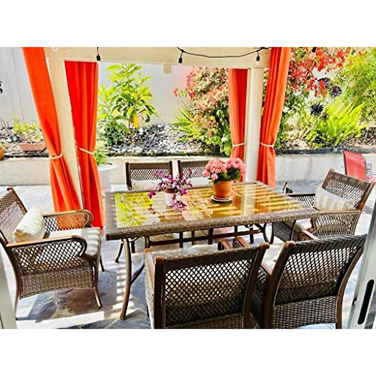 PURPLE LEAF Patio Dining Set Outdoor Wicker Patio Furniture Sets Rectangular Tempered Glass Top Dining Table and 6 Outdoor Chairs with Umbrella Hole and Cushions