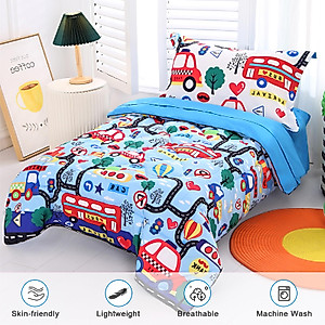 Wowelife Car Toddler Bedding Sets for Boys Blue, Premium 4 Piece Car Toddler Bed Sets for Boys and Girls, Super Soft and Comfortable for Toddler(Transportation)