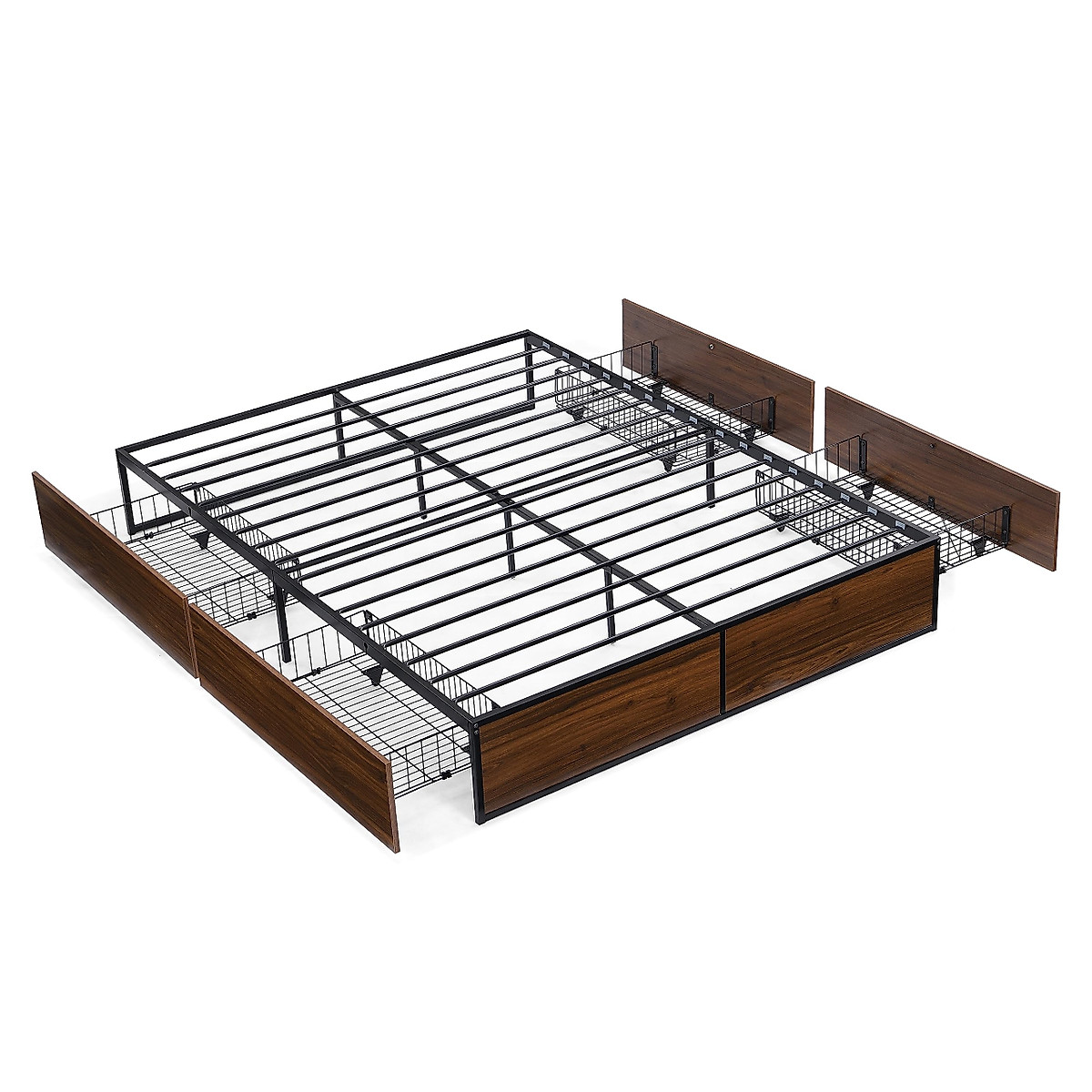 Prohon Queen Size Bed Frame with 4 Extra Large Storage Drawers on Wheels, Strong Steel Slat Support, Space-Saving Metal Platform Bed, Bedframe for Adults, Teens & Kids, No Box Spring Needed, Brown