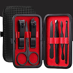 Manicure Set Pedicure Kit Professional 19 Pcs Nail Clipper for Men & Women Stainless Steel Sharp Cutter Grooming Nose Hair Scissors…Black Fingernails & Toenails with Portable Case (Red_7 pieces)