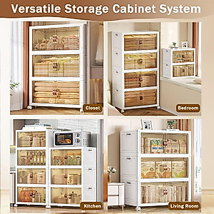 Jacriah Plastic Storage Bins, 4-Layer Foldable Storage Boxes with Doors for Closet Organizer, 16 Gallon Collapsible Storage Bin with Lid and Wheels, Stackable Storage Drawer, Storage Cabinet Container