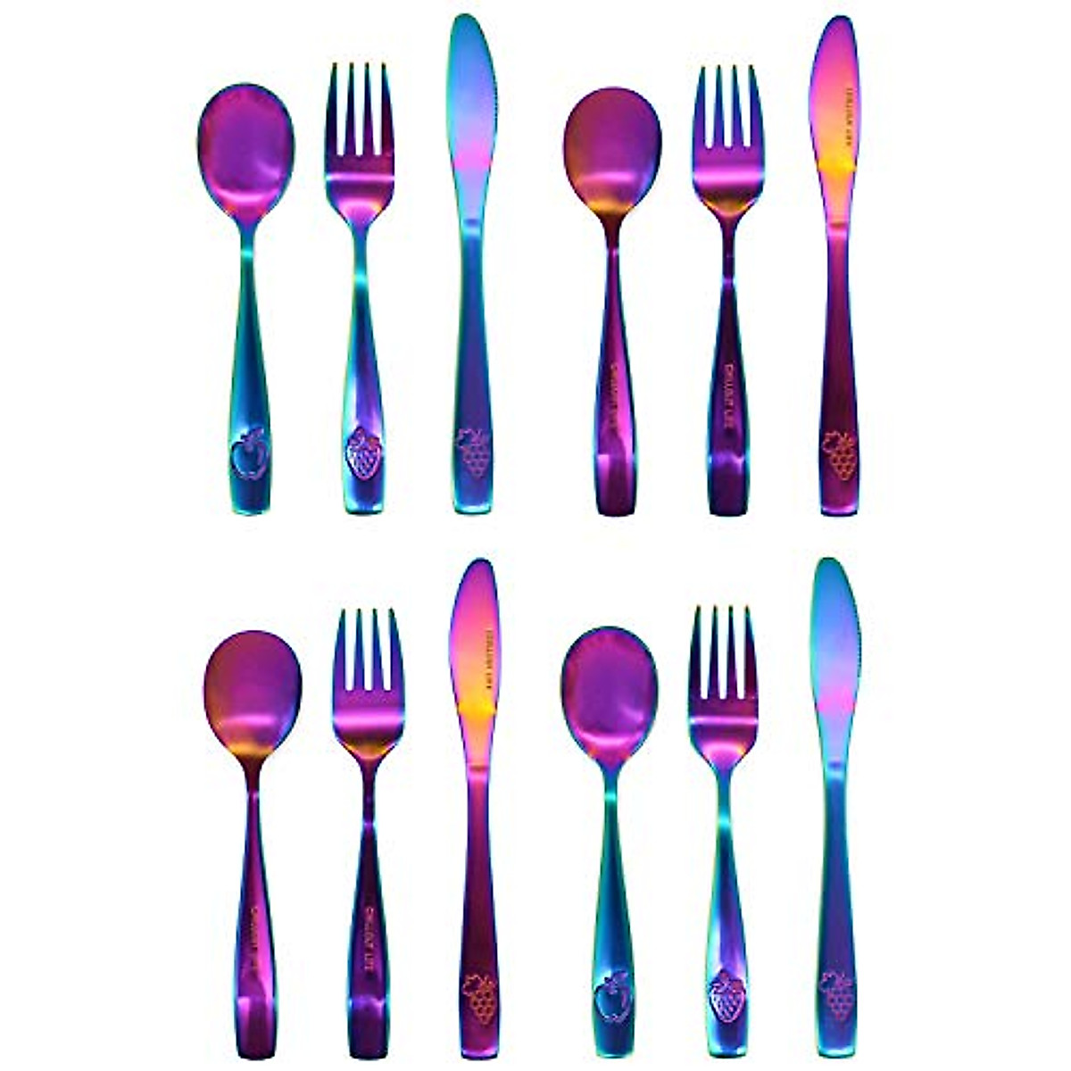 12 Piece Stainless Steel Kids Silverware Set - Child and Toddler Safe Flatware - Kids Utensil Set - Metal Kids Cutlery Set Includes 4 Small Kids Spoons, 4 Forks & 4 Knives - UV Rainbow