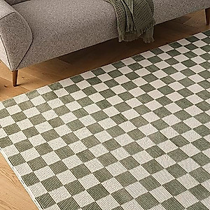 Revival Rugs Gambit 5'3"x8' Checkered Rug Washable Area Rug for Living Room Bedroom - 100% Recycled Oeko-TEX Certified, Medium Pile, Green, Beige