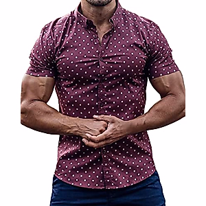 Mens Polka Dot Shirt Muscle Fit Button Down Short Sleeve Button Up Dress Shirts Purple S