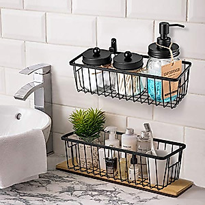 SheeChung Farmhouse Decor Metal Wire Bathroom Storage Organizer Basket Bins - for Cabinets, Shelves, Closets, Vanity Countertops, Under Sinks, Pantry, Laundry Room, Garage - Small, 2 Pack (Black)