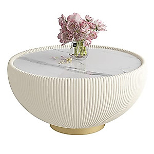 Modern Round Coffee Table, Marble Pattern Tabletop Leather Edge Sofa End Table with Metal Base,Luxurious Side Table for Home Decor Living Room(28x14.2, White)
