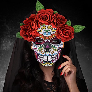 June Bloomy Day of the Dead Headpiece Rose Floral Crown Veil Halloween Costume Mexican Headband (Burgundy)