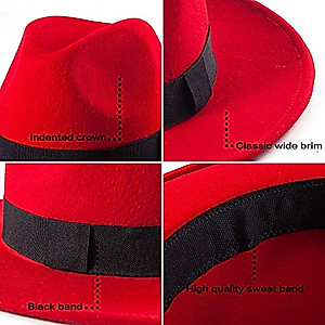 LADYBRO Fedora Hats for Women Wide Brim Hat, Incld 3 Decor Belts, Wool Felt, 58cm Adjustable Women's Fedora (Wool, Red, fit for 22" - 22 7/8")