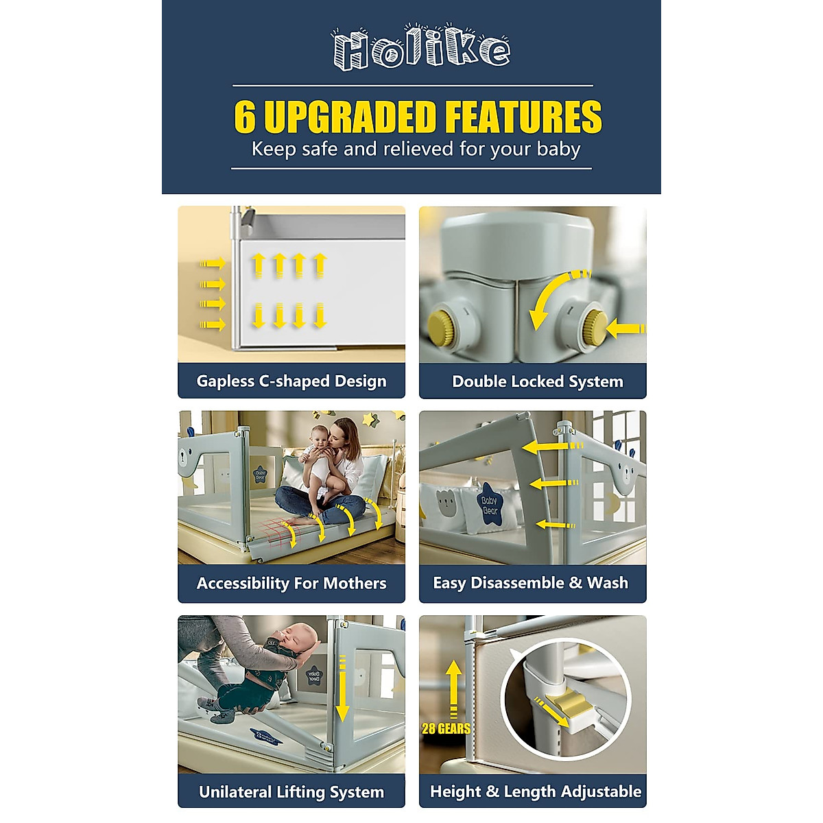 Holike Bed Rails for Toddlers - 60 inch 70 inch 80 inch Extra Long Baby Bed Rail Guard (3 Sides: Perfect for King Bed,Include 3 Sides)