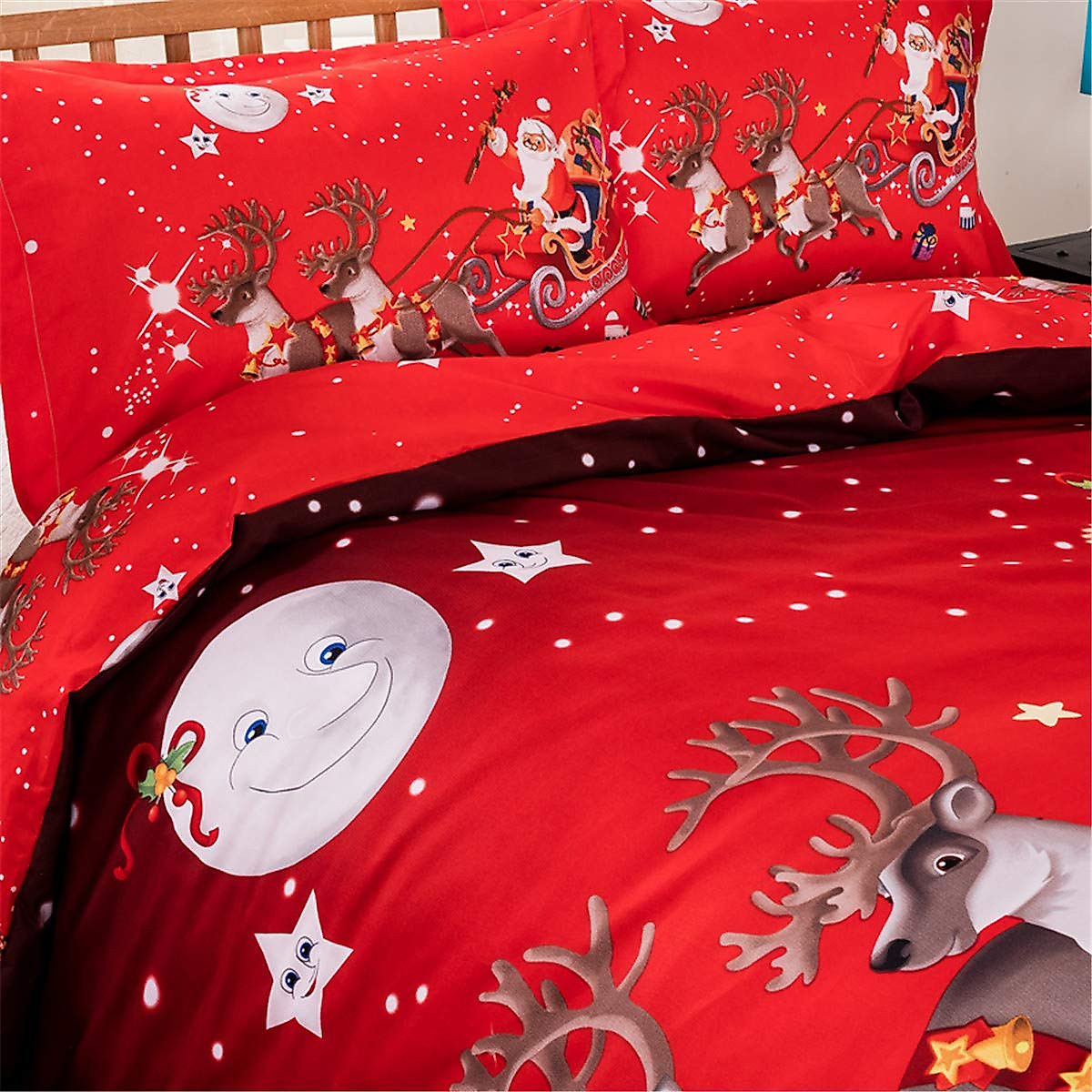 WONGS BEDDING Christmas Duvet Cover Twin Size, Reversible Santa Claus Elk Pattern Duvet Covers with Zipper Closure for Kids Teens Adults, Soft Microfiber Red Christmas Duvet Bedding Set (Red, 2PC)