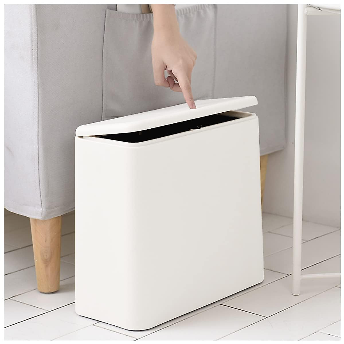 Modern Wastebasket Thin Trash Can,Small Rectangular Dog Proof Plastic Trash Bin,3.2 Gallon/12 Liter Slim Plastic Trash Can Wastebasket with Press Type Lid, White