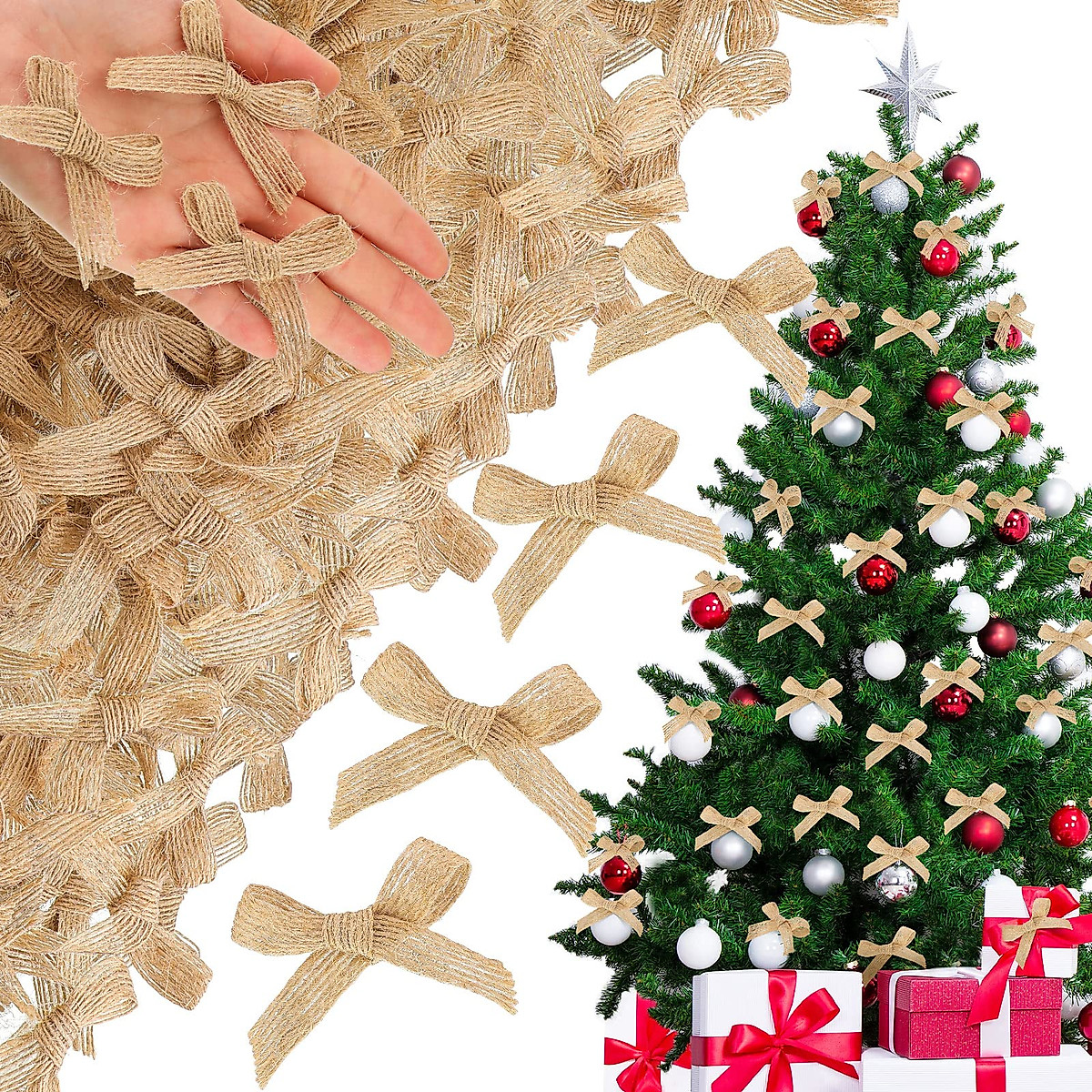 Giegxin 100 Pcs Christmas Mini Burlap Bows for Crafts Handmade Bows Tiny Twist Tie Bow Wreaths Ornaments Burlap Bows for Christmas Tree DIY Decorations Wedding Holiday Party with 43.74 Yard Rope