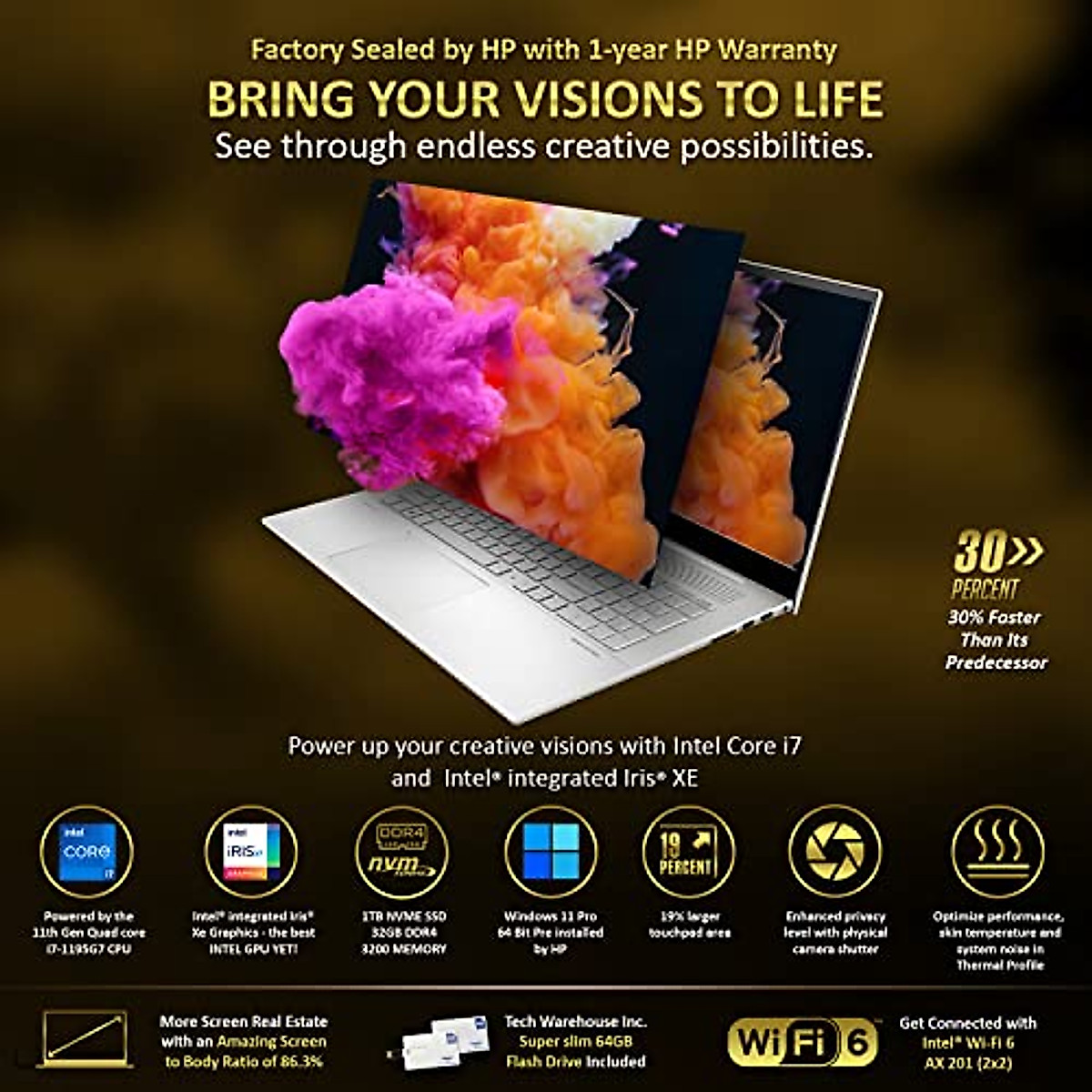 HP Envy 17T 2022 Laptop, i7-1195G7 11th gen, 32GB RAM, 1 TB NVMe SSD, 17.3" FHD Touch, Thunderbolt 4, Win 11 PRO, WiFi 6, B&O Audio, USB-A, Intel Xe Graphics, Silver, 64GB Tech Warehouse Flashdrive