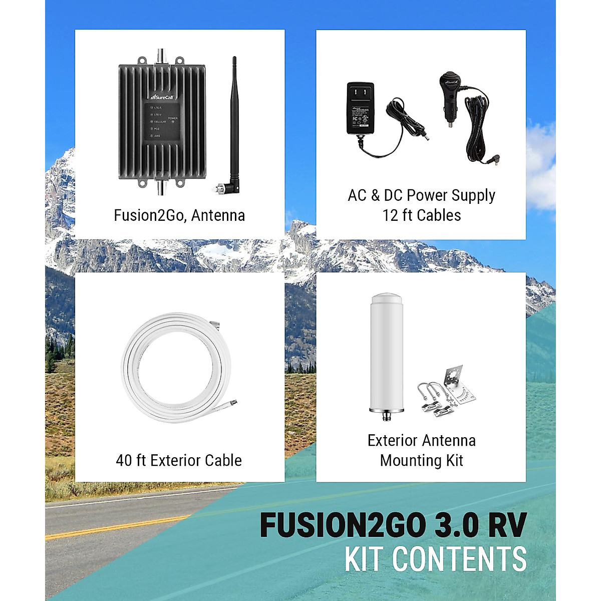SureCall Fusion2Go 3.0 RV Cell Signal Booster for Motorhome, 5G/4G LTE, Large Vehicles, Permanent Omni Antenna, Multi-User All Carrier Boosts Verizon AT&T Sprint T-Mobile, FCC Approved, USA Company