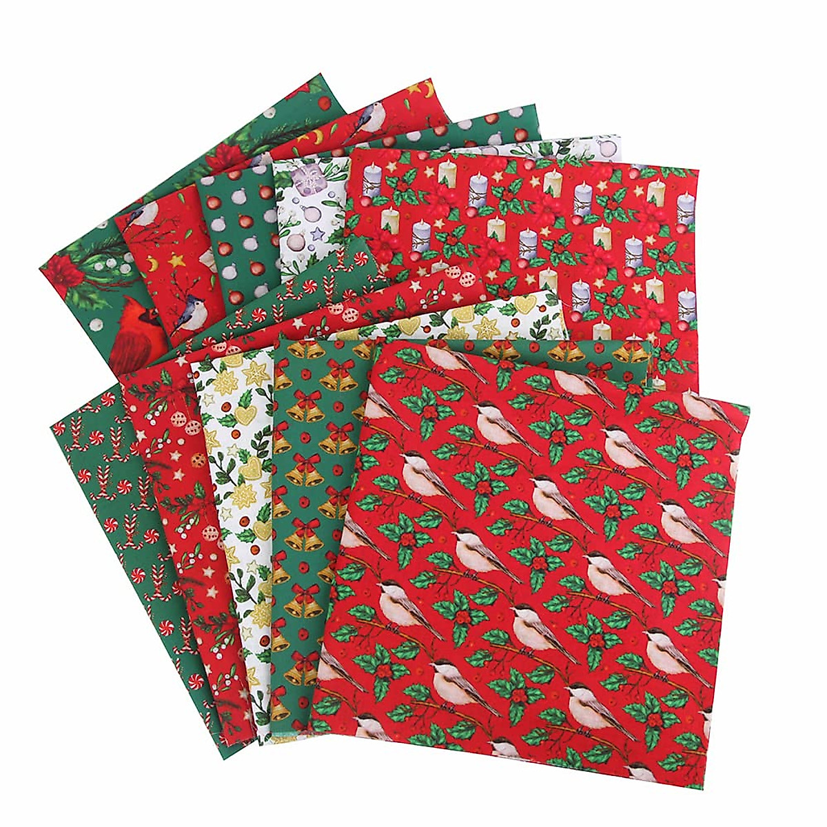 10PCS Christmas Cotton Fabric Bundles 10" x 10" Printed Pre-Cut Squares Sheets Fabric for Patchwork Sewing DIY Crafting Quilting Fabric