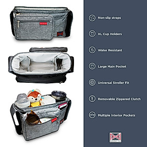 Bag Nation Universal Stroller Organizer Caddy Featuring Cup Holders, Large Main Pocket Compatible with Uppababy, Baby Jogger, Britax, Bugaboo, BOB, Umbrella and Pet Stroller - Grey