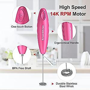 Bonsenkitchen Milk Frother Handheld, Automatic Milk Foam Maker Hand Frother for Coffee, Matcha, Hot Chocolate, Battery Operated Mini Drink Mixer-Hot Pink
