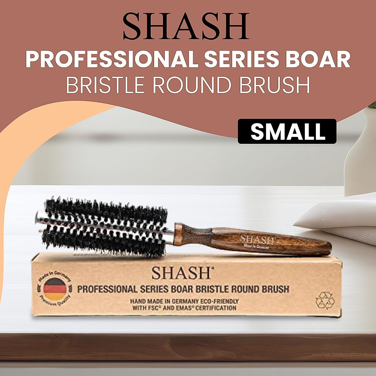 Since 1869 Hand Made In Germany Professional Series Boar Bristle Round Brush - Add Volume, Help Fight Frizz - Super-Grip Handle for Easy Styling - Eco-Sour (Small)