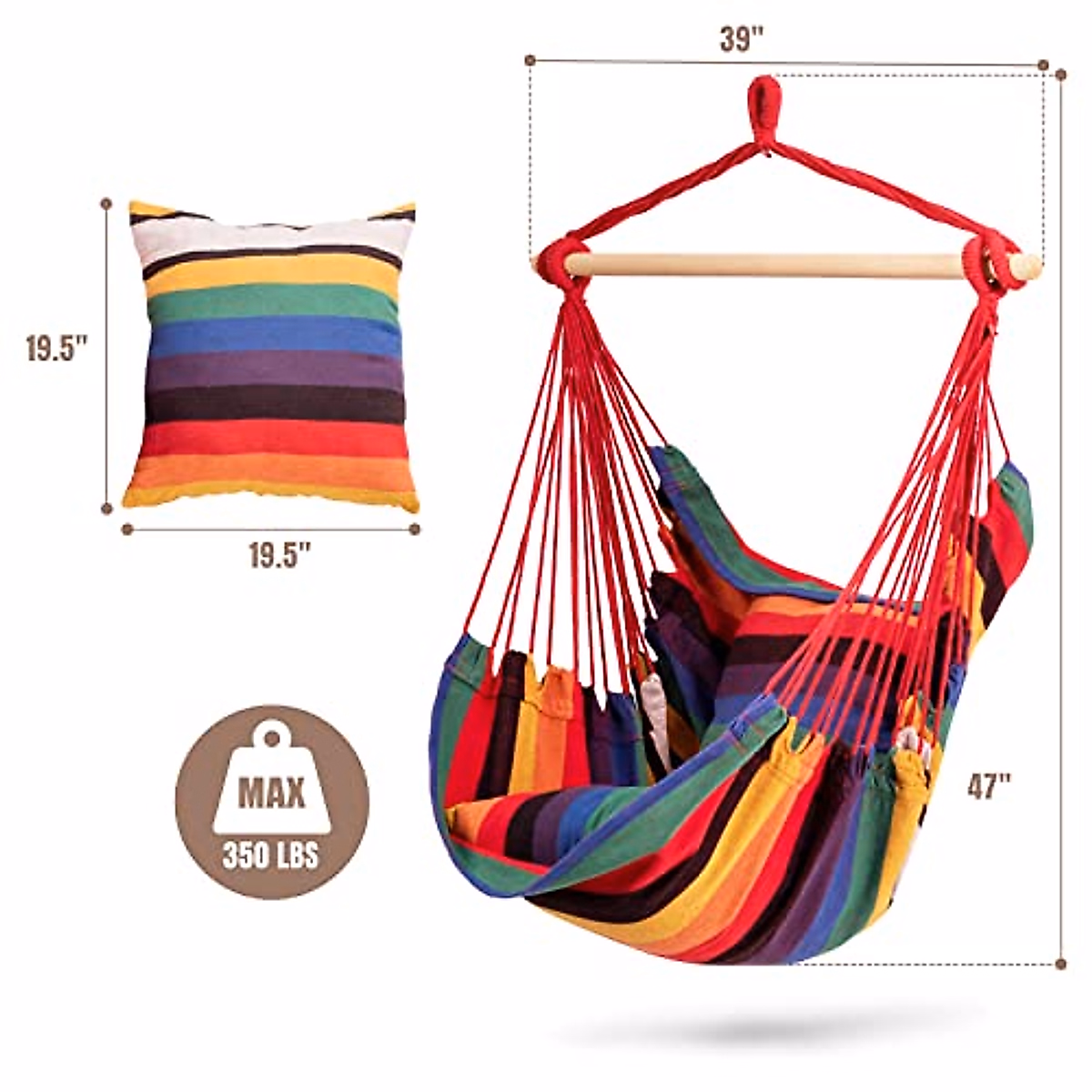 Tangkula Hanging Hammock Chair, Hanging Swing Chair with 2 Pillows, Wood Support Bar, Handmade Cotton Rope Hanging Seat for Indoor Outdoor, Ideal for Bedroom, Patio, Yard, Garden