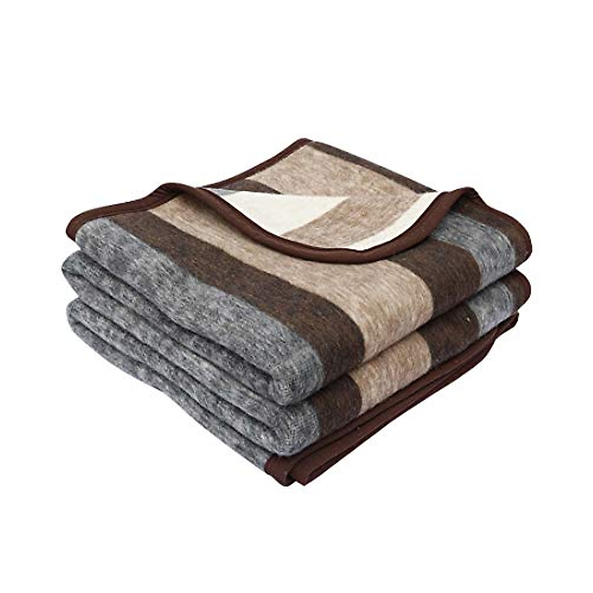 Alpaca Warehouse Alpaca Sheep Wool Blanket King/Full-Queen/Twin Size Thick Heavyweight Comfortably Warm - Great for Outdoor Use - Striped Design (Beige/Brown/Gray, King)